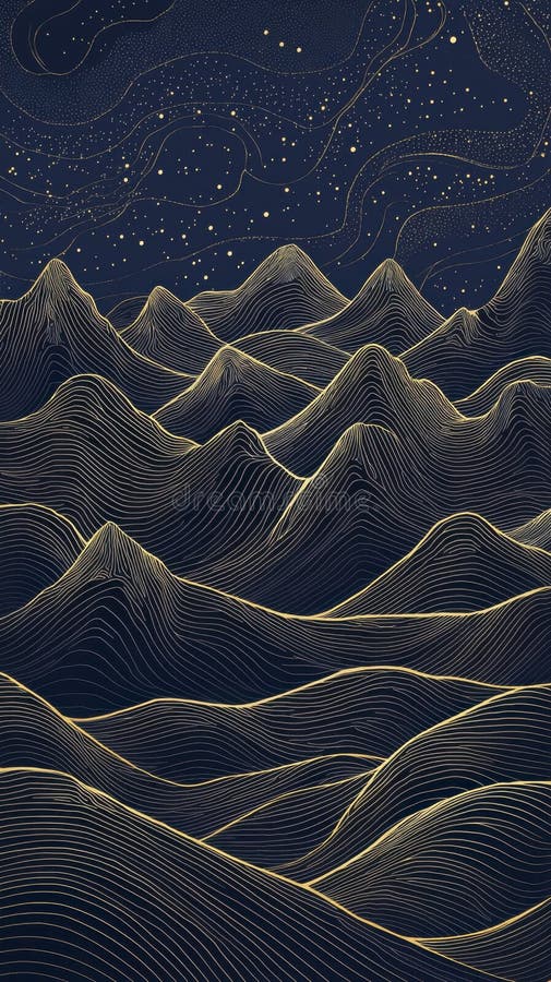 Stylized Undulating Mountains Set in Night Sky Stock Illustration ...