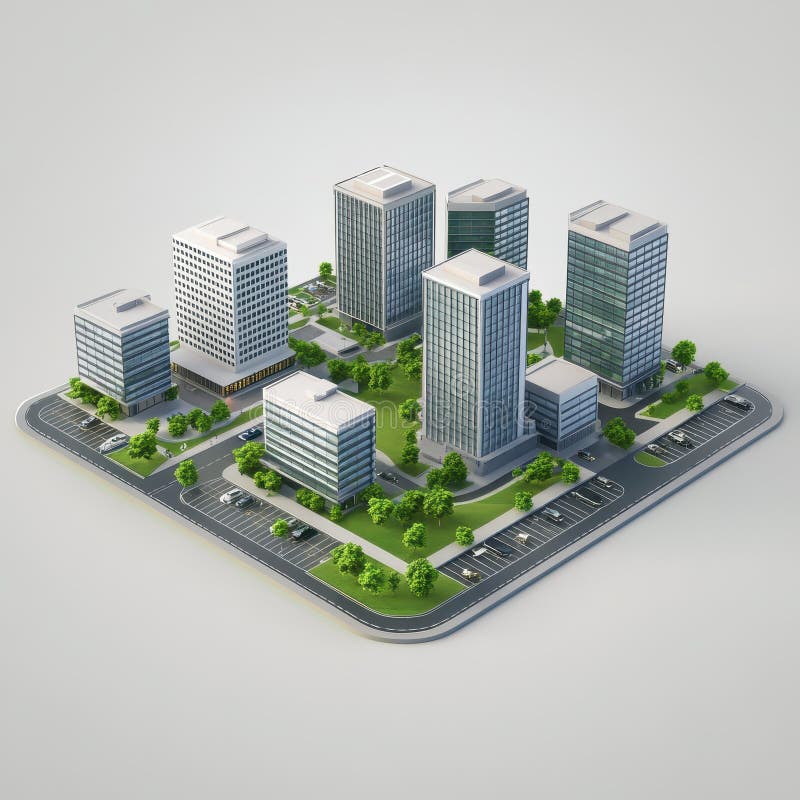 A Stylized Urban Layout Featuring Modern Buildings, Green Spaces, and ...