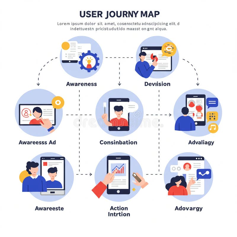 Stylized User Journey Map Featuring Six Stages, Each Depicted by Unique ...