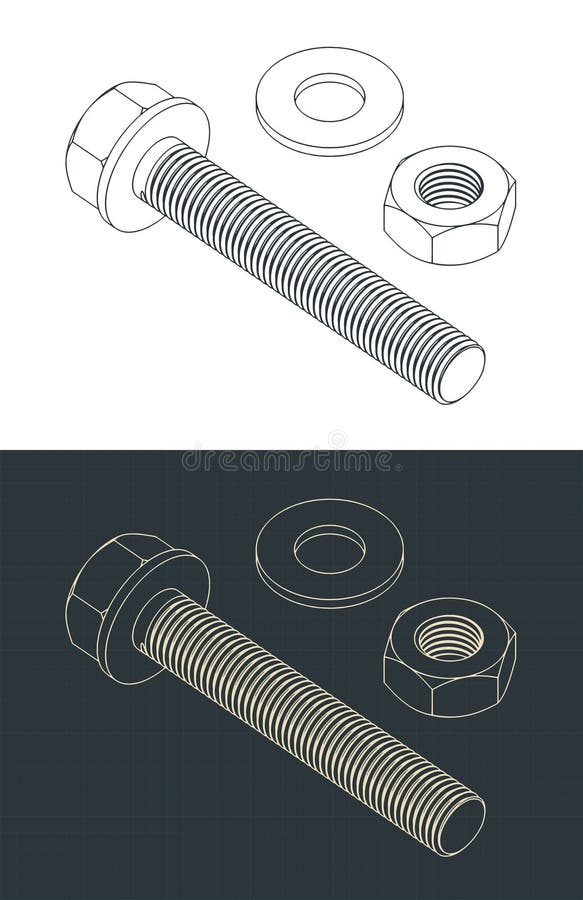 Hex Bolt, Nut and Washer Isometric Blueprints Stock Vector ...