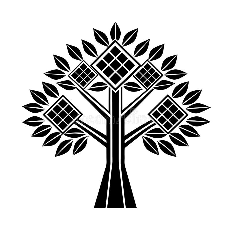 Stylized Vector Tree with Diamond Fruit and Leaves in Black and White ...