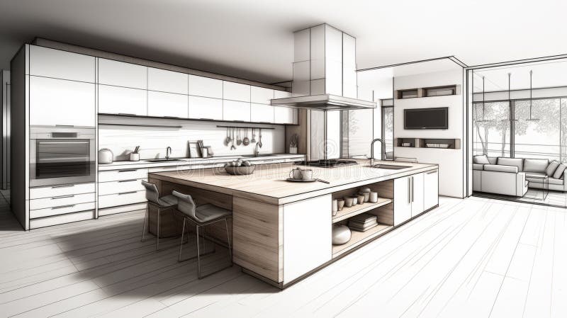 Drawing of a Very Large Kitchen Interior with Refined Modern Style ...