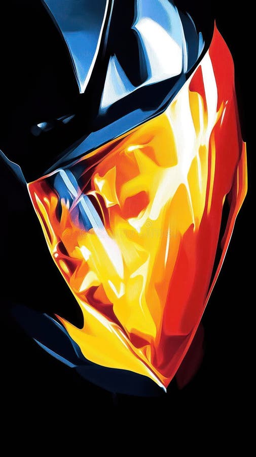 A Stylized, Vibrant Helmet Design Featuring a Mix of Orange, Yellow ...