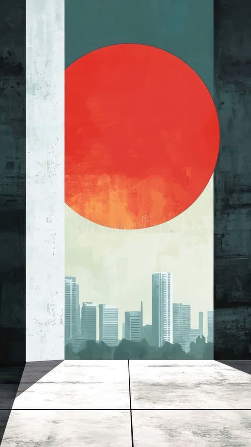A Stylized View of a City Skyline Under a Large Red Sun, Framed by a ...