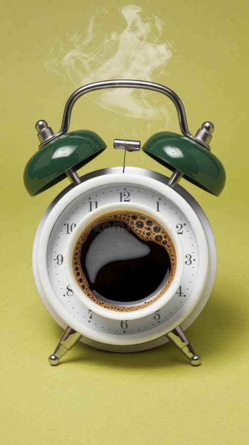 Stylized Vintage Alarm Clock with Coffee Cup and Cracked Egg Design Stock Illustration ...