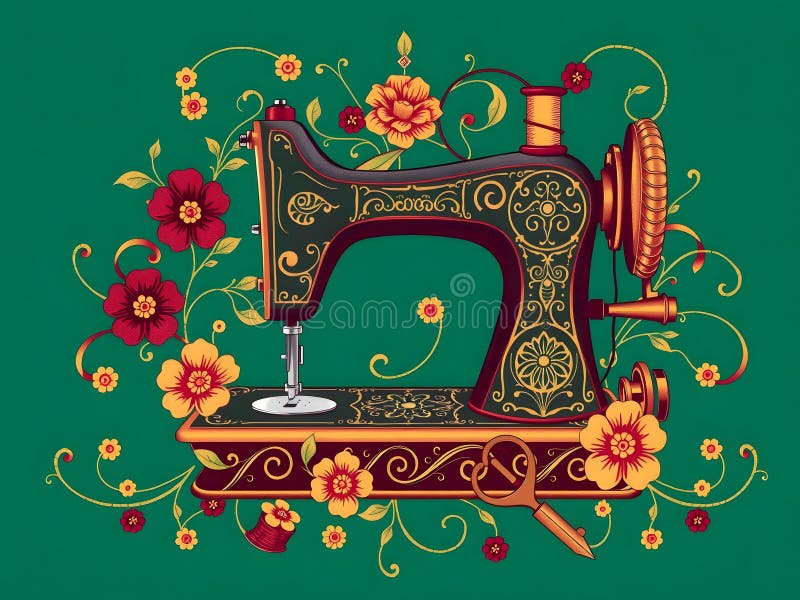 Stylized Vintage Sewing Machine with Floral Decoration and Sewing ...