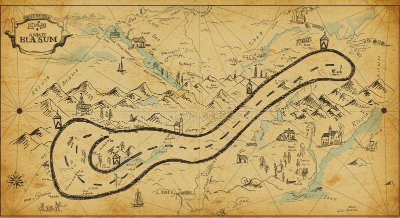 A Stylized, Vintage Treasure Map Features a Winding Path through ...