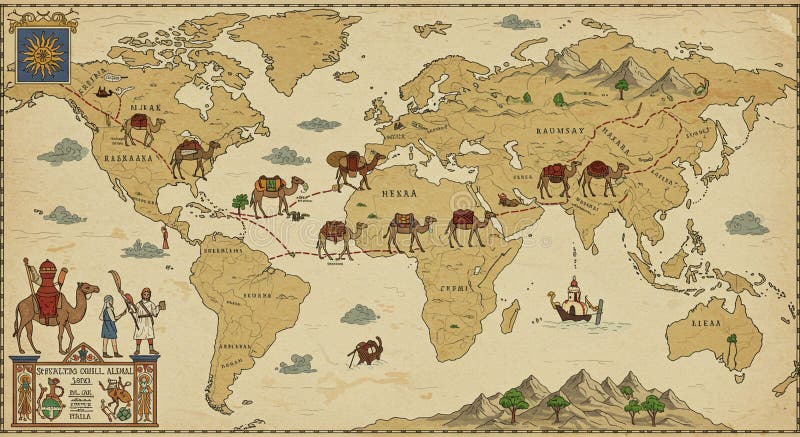 A Stylized, Vintage World Map Features Continents in Muted Earth Tones ...