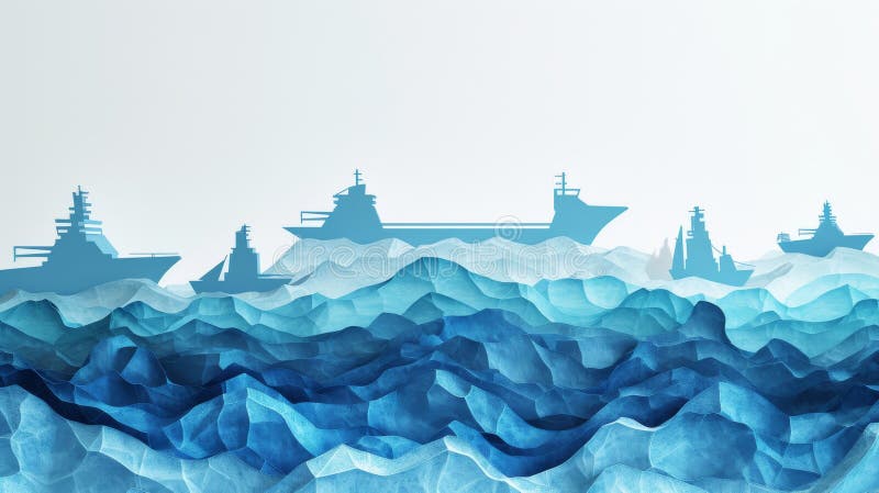Stylized Warships Navigating Abstract Blue Ocean Waves Stock Image ...