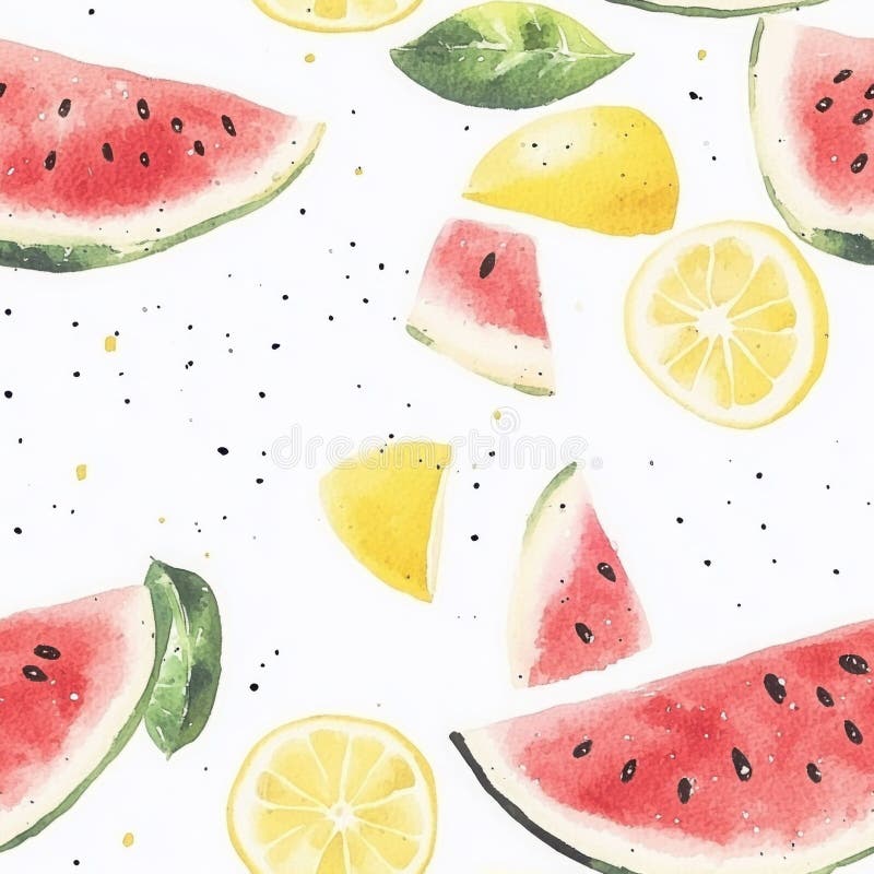Stylized Watermelon and Lemon Slices in Geometric Patterns on a White ...