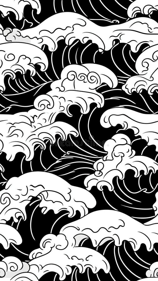 Seamless Japanese Wave Pattern, Stylized Waves in Black and White ...