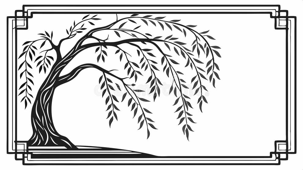 Stylized Weeping Willow Tree in Decorative Frame, Nature Design Element ...