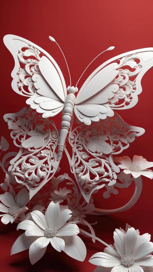 Stylized White Butterfly with Open Wings and Intricate Floral Patterns ...