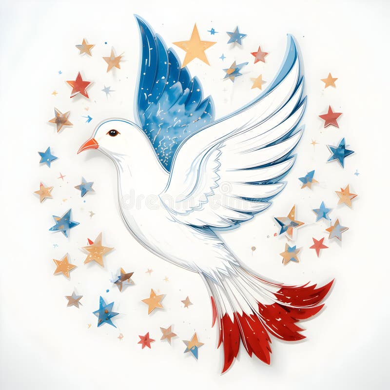 Stylized White Dove with Blue Wings and Red Tail Feathers Surrounded by ...