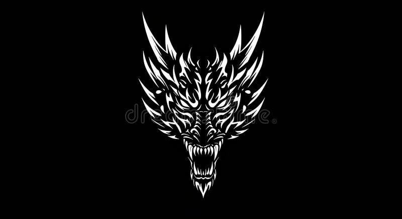Stylized White Dragon Head on a Black Background, Featuring Sharp ...