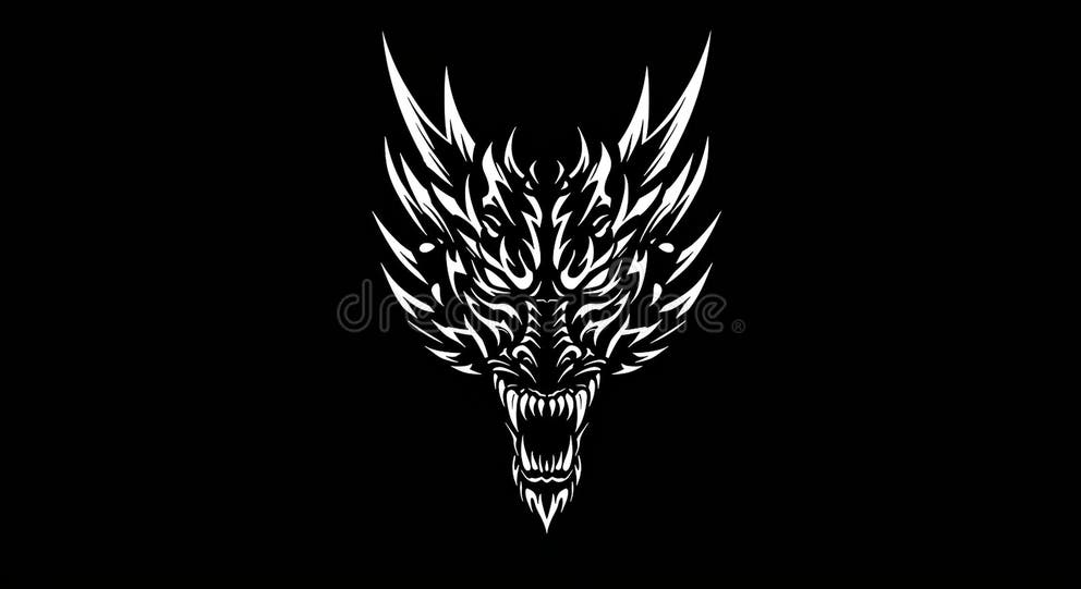 Stylized White Dragon Head on a Black Background, Featuring Sharp ...