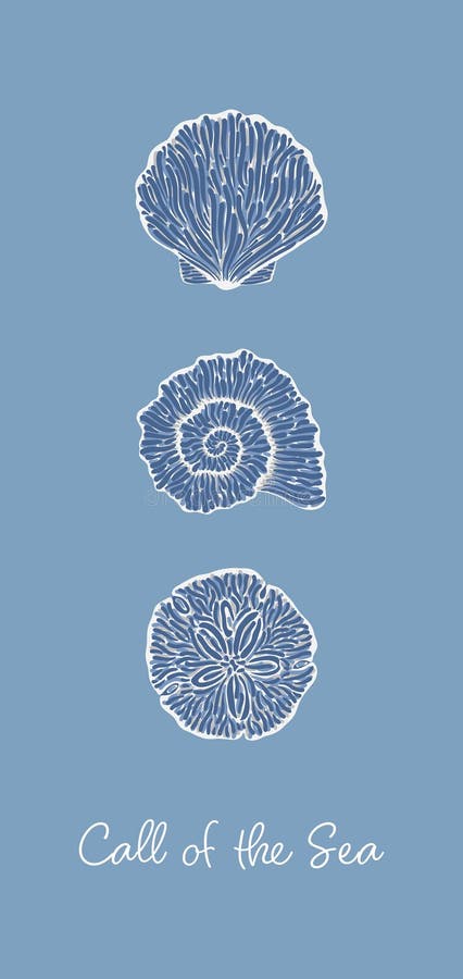Stylized White Shell Illustrations on Blue Background with Call of the ...