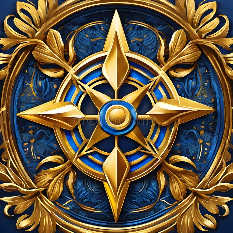 Stylized Wind Rose with Golden Elements on Blue Background Surrounded ...