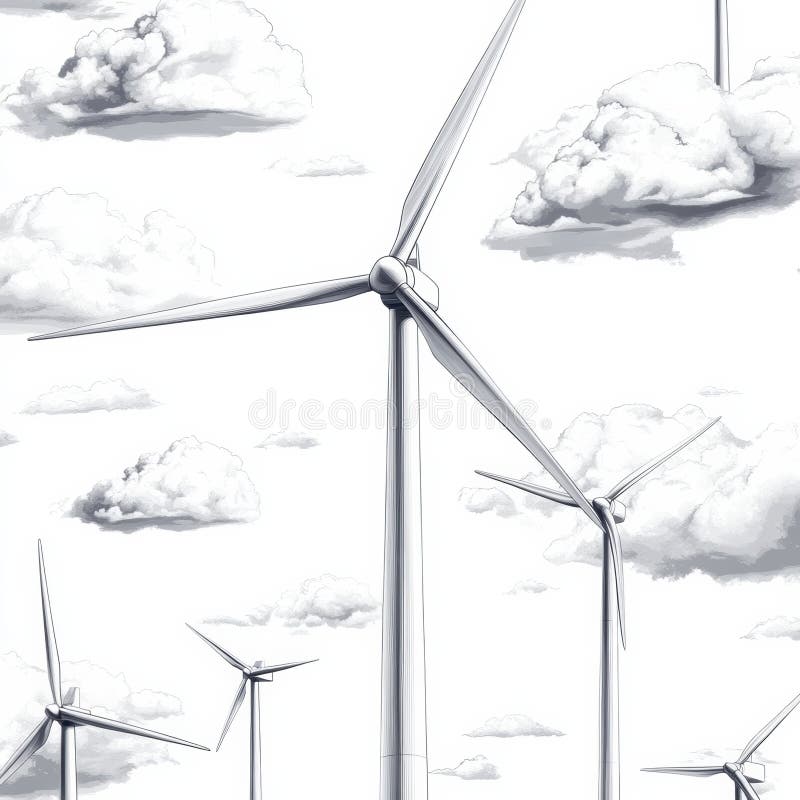 Stylized Wind Turbines and Clouds Creating a Modern Eco-Friendly ...