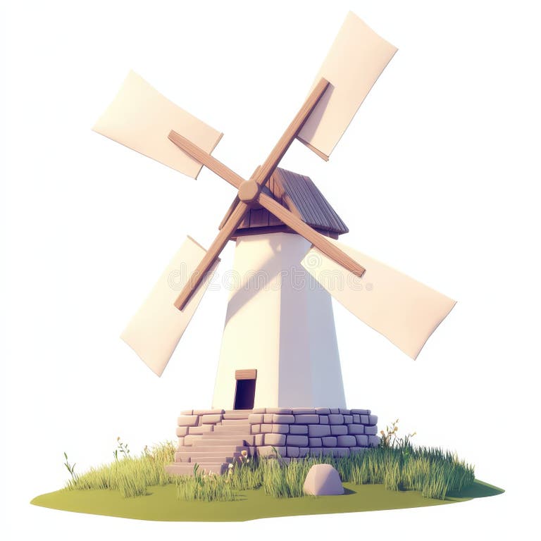 A Stylized Windmill with Large Sails on a Grassy Base Stock ...