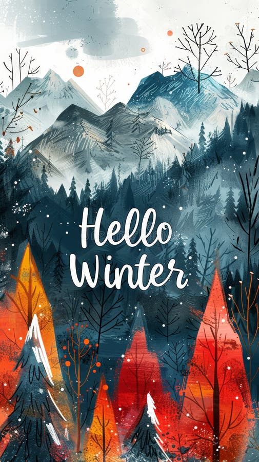 Stylized Winter Forest with Towering Mountains and "Hello Winter" Text ...