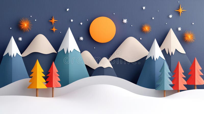 Stylized Winter Landscape Featuring Colorful Mountains, Trees, and ...