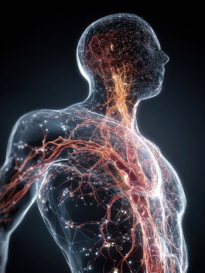 Stylized Wireframe Depiction of a Human Body with Highlighted Nervous ...