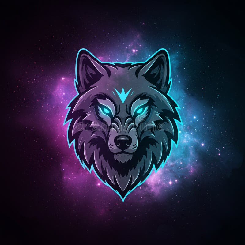 Stylized Wolf Head Illustration with Glowing Blue Eyes and a Neon ...