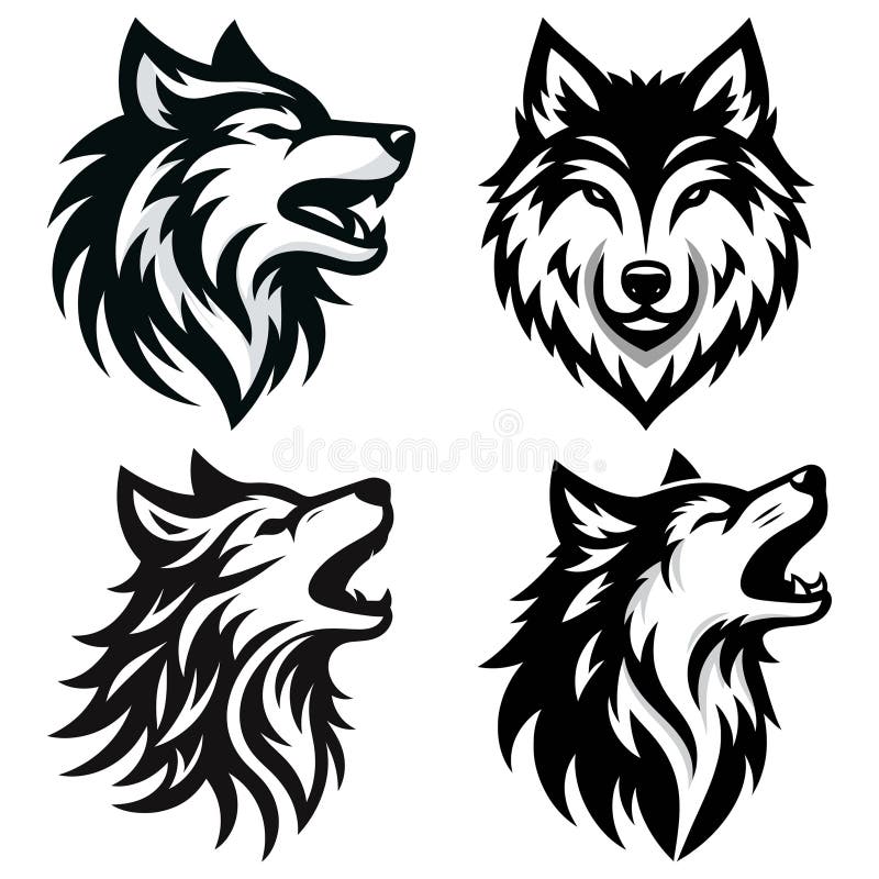 Stylized Wolf Head Illustrations, Vector Design, Black and White ...