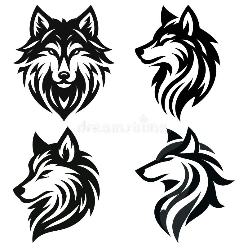 Stylized Wolf Head Logos Vector Set, Black and White, Isolated on White ...