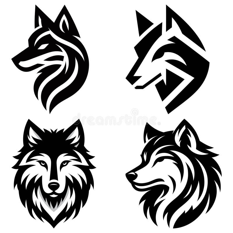 Stylized Wolf Head Vector Illustrations, Black and White, Perfect for ...