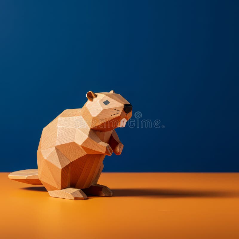 Wooden Beaver Figure Standing on Orange Surface with Blue Background ...