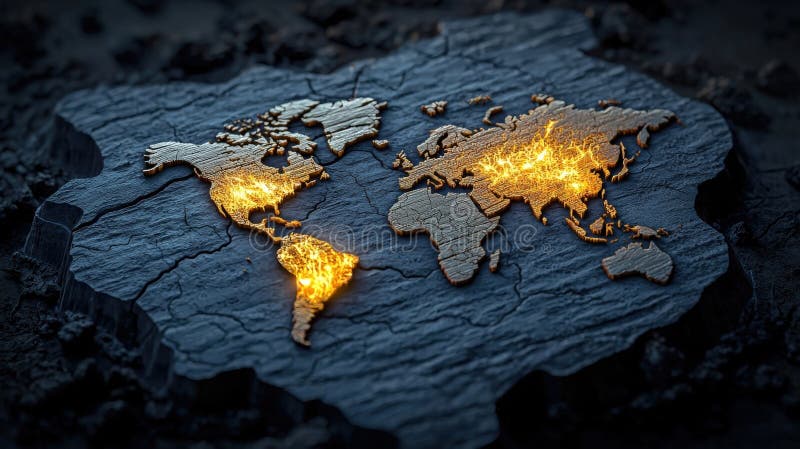 Stylized World Map Carved from Stone with Glowing Segments Representing ...