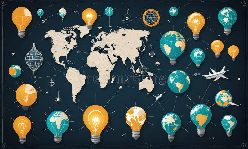 Stylized World Map with Central Globe and Various Light Bulb-shaped ...