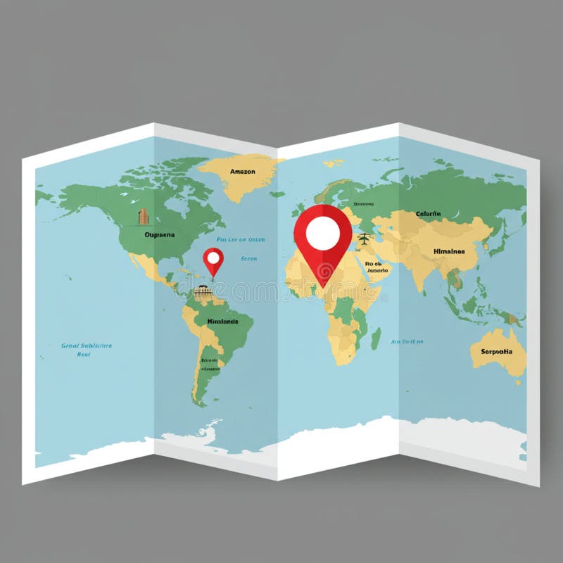 A Stylized World Map Displayed on a Folded Paper with a Gray Background ...