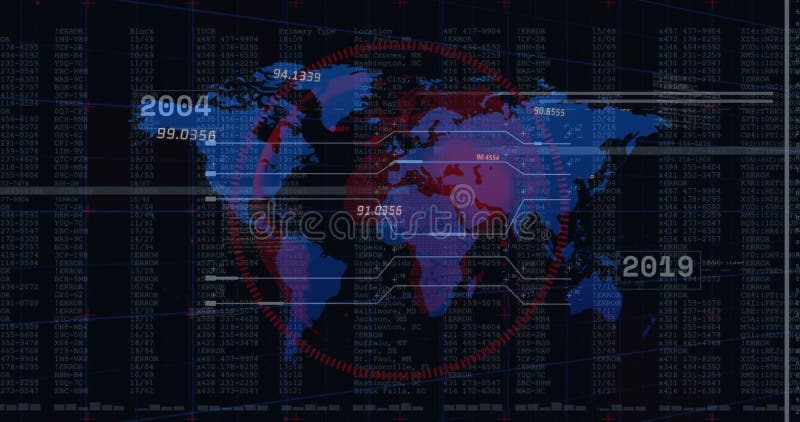 Stylized World Map Displaying Virtual Data Overlay, Showing Code ...