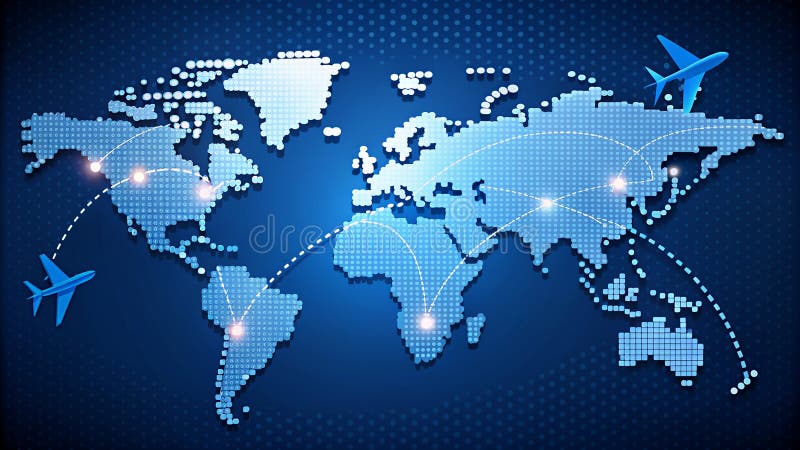 A Stylized World Map with Dotted Flight Paths and Airplane Icons Over a ...