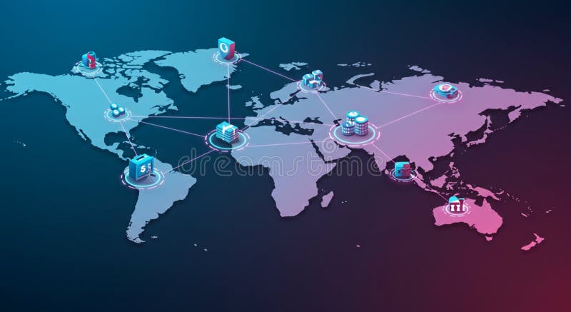 A Stylized World Map Features Digital Icons Connected through Lines ...