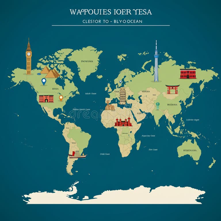 A Stylized World Map Features Iconic Structures Representing Various ...