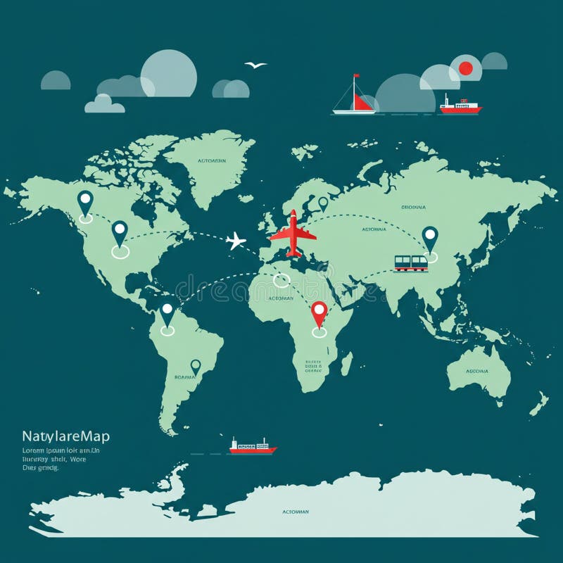 A Stylized World Map Features Pastel Green Continents on a Dark Teal ...