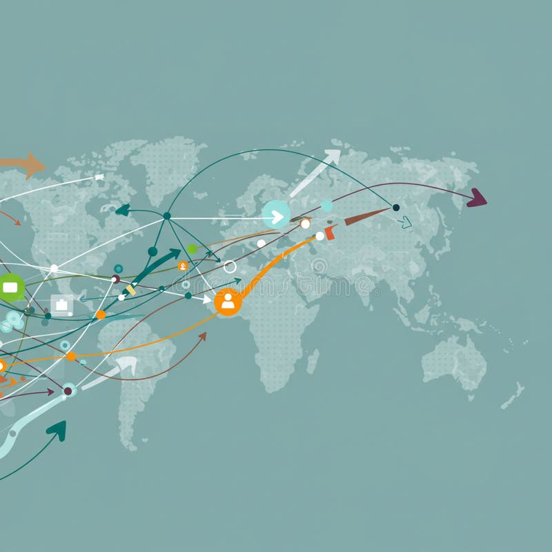 Stylized World Map with Interconnected Lines and Arrows in Various ...