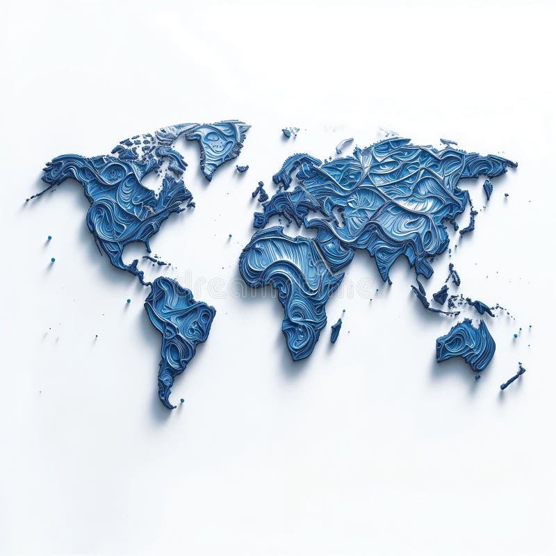 Stylized World Map with Layered Blue Patterns on White Background Stock ...