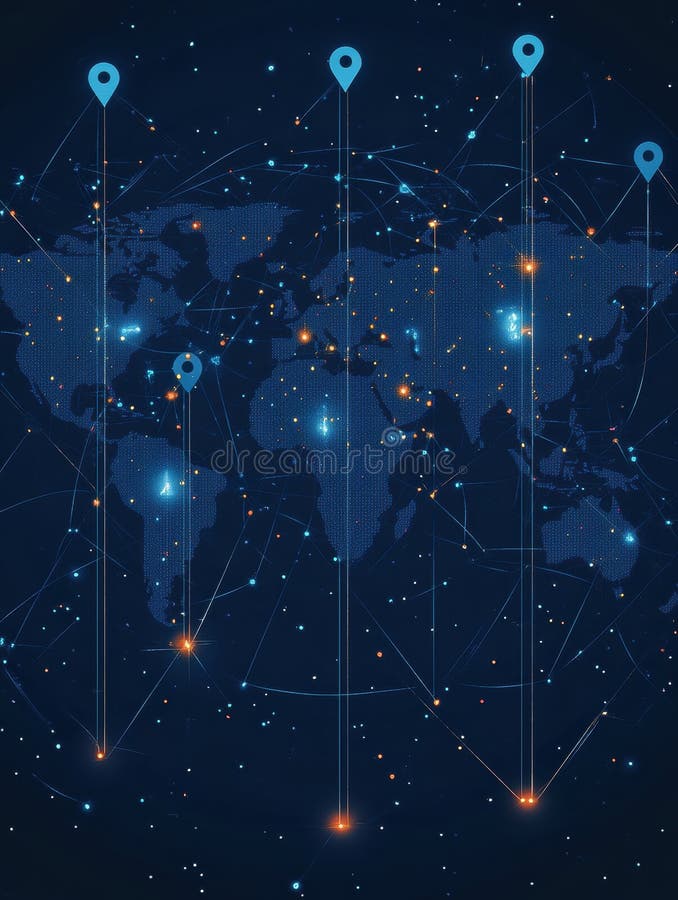 Stylized World Map with Location Pins and Abstract Lines Connecting ...