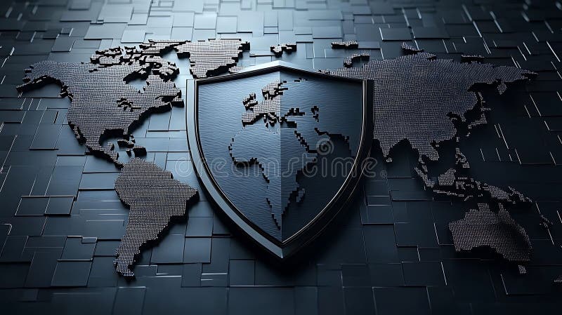 Stylized World Map with Security Shield Design Stock Illustration ...