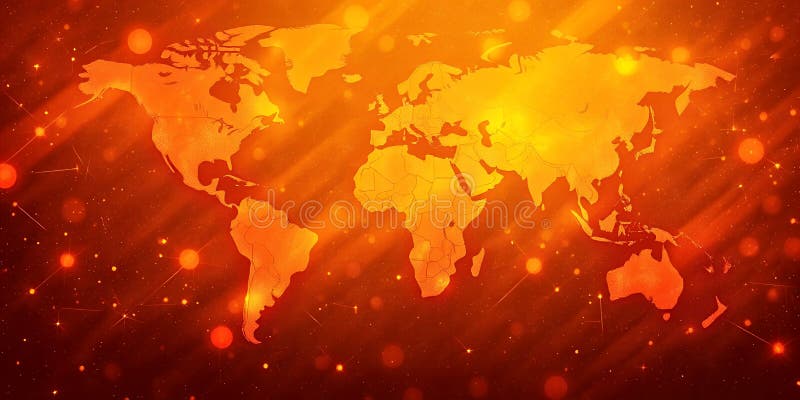 A Stylized World Map in Shades of Orange with Glowing Particles and ...