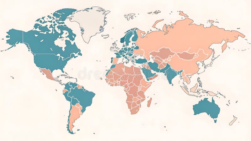 Stylized World Map: Teal & Peach Regions Illustrating Unknown Data on a ...