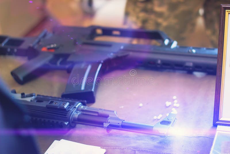 Sub Machine Gun on the Table in the Interior Gunsmith. Stock Photo ...