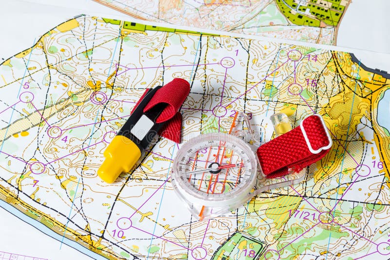 Orienteering Symbols Map Compass and Chip Stock Image - Image of ...