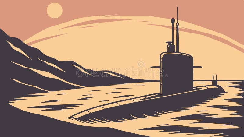 Submarine on Calm Waters, Distant Mountains Vector Landscape, Vector ...