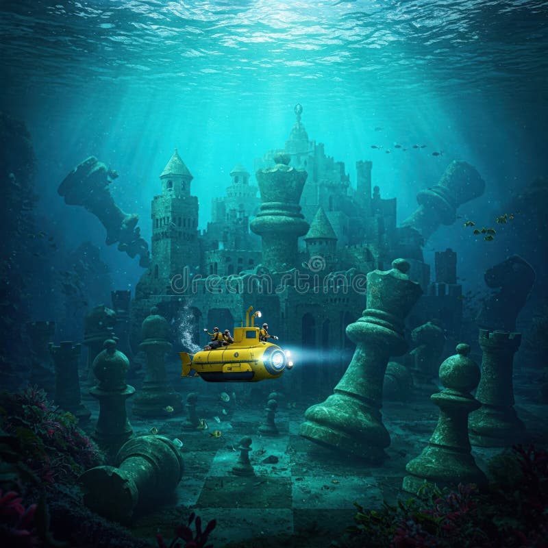 A Submarine Explores the Chess City Underwater. Stock Photo - Image of ...